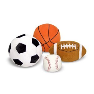 melissa & doug sports throw pillows with mesh storage bag - plush basketball, baseball, soccer ball, and football