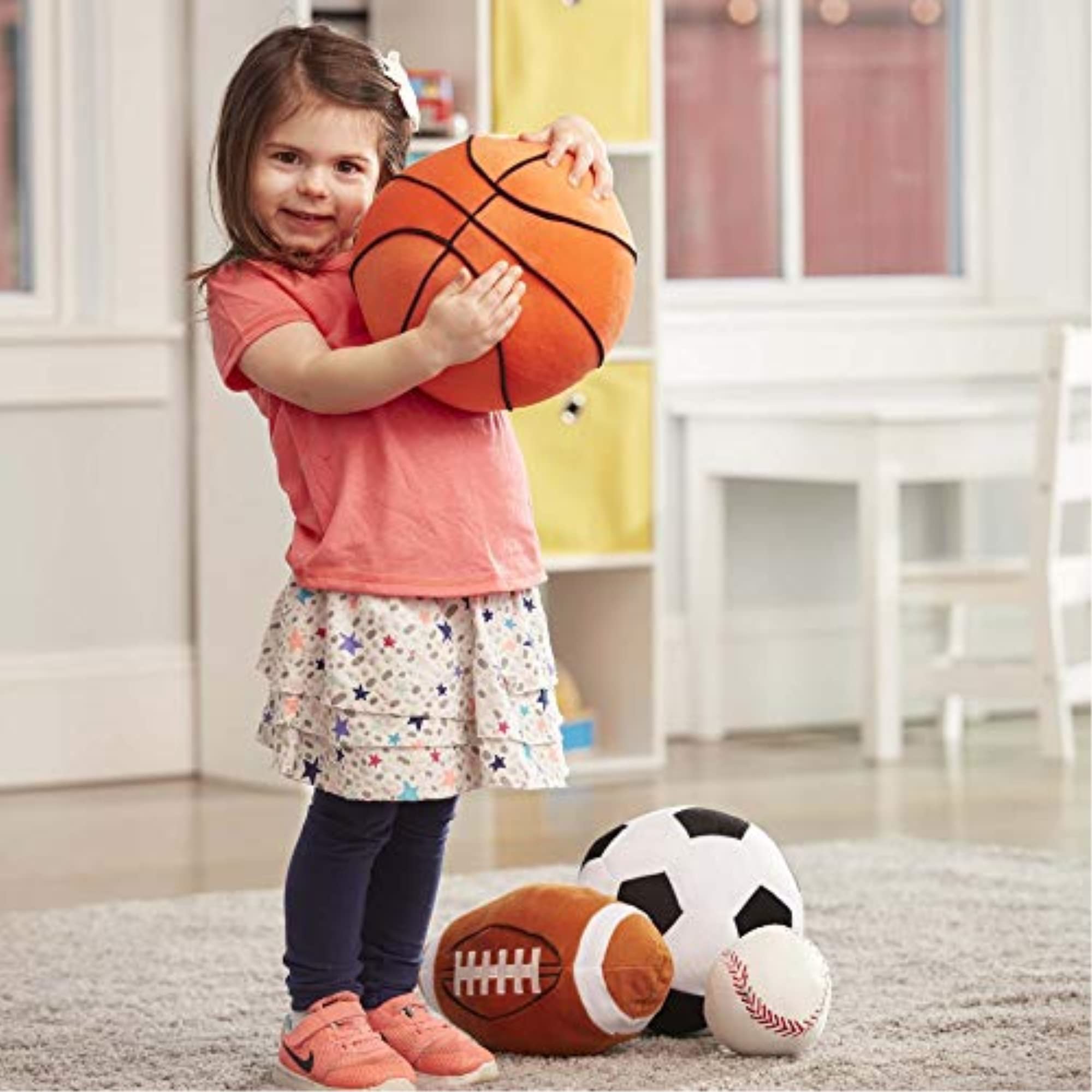 Melissa & Doug Sports Throw Pillows With Mesh Storage Bag - Plush Basketball, Baseball, Soccer Ball, and Football