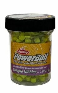 berkley powerbait chroma-glow crappie nibbles, glow/chartreuse, fishing dough bait, scent dispersion technology, irresistible scent and flavor, ideal for crappie and other panfish species