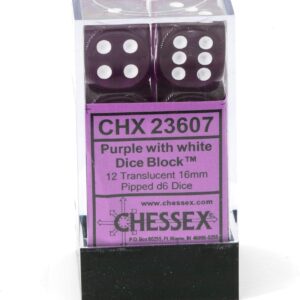 Chessex Dice Translucent Purple 6 Sided 16mm Dice Block (12-Dice), Purple/White (23607)