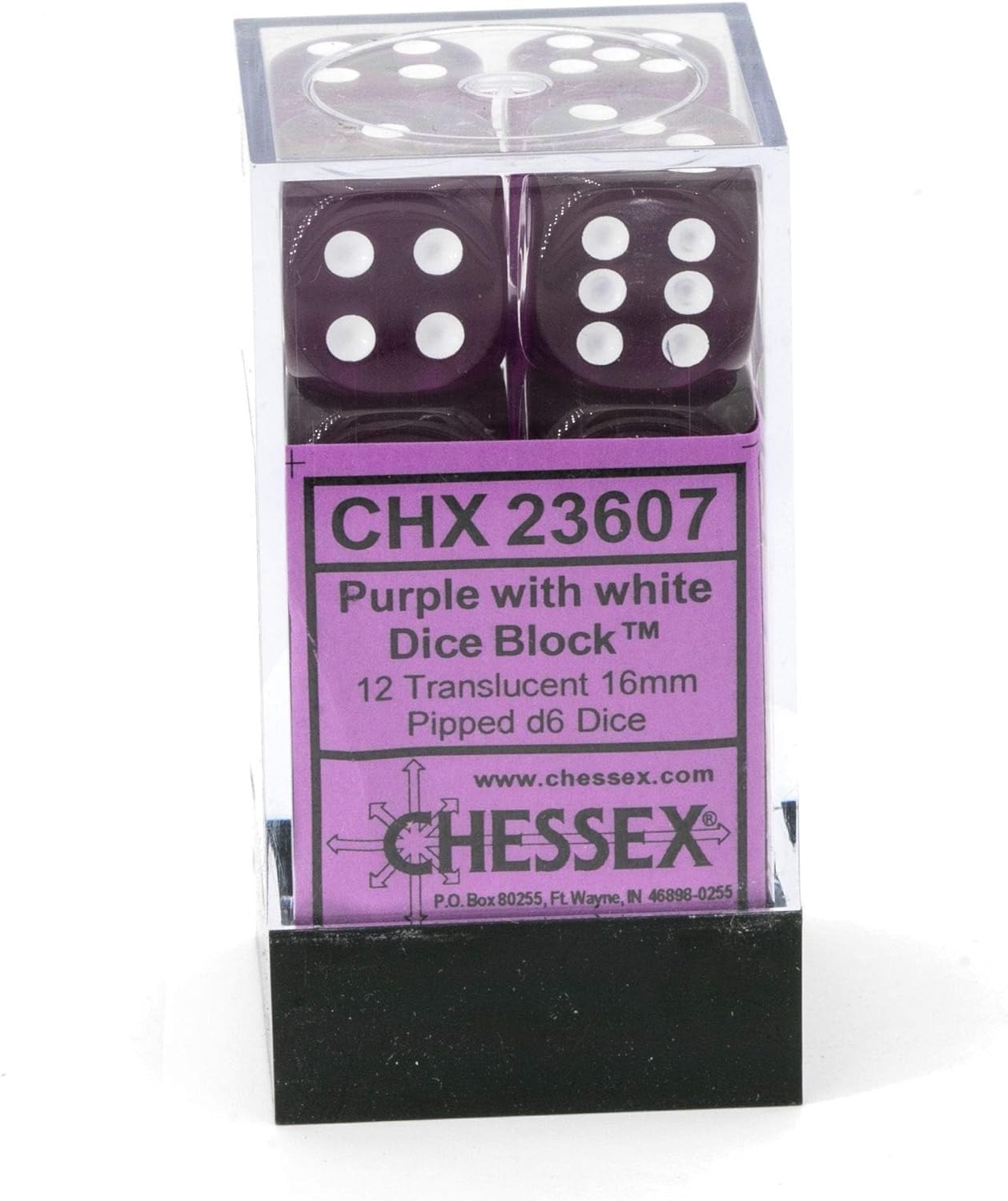 Chessex Dice Translucent Purple 6 Sided 16mm Dice Block (12-Dice), Purple/White (23607)