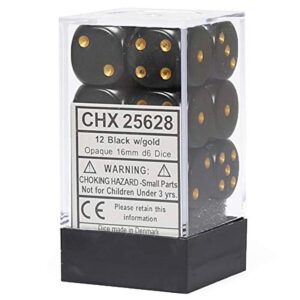 chessex manufacturing dnd dice set-chessex d&d dice-16mm opaque black and gold plastic polyhedral dice set-dungeons and dragons dice includes 12 dice – d6,various,chx25628