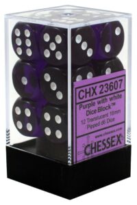 chessex dice translucent purple 6 sided 16mm dice block (12-dice), purple/white (23607)