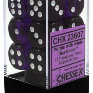 Chessex Dice Translucent Purple 6 Sided 16mm Dice Block (12-Dice), Purple/White (23607)