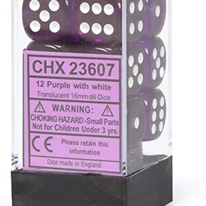 Chessex Dice Translucent Purple 6 Sided 16mm Dice Block (12-Dice), Purple/White (23607)