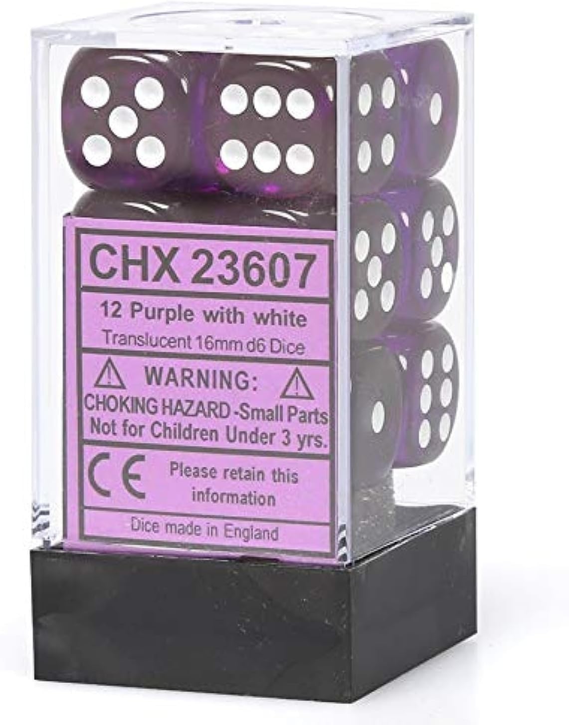 Chessex Dice Translucent Purple 6 Sided 16mm Dice Block (12-Dice), Purple/White (23607)