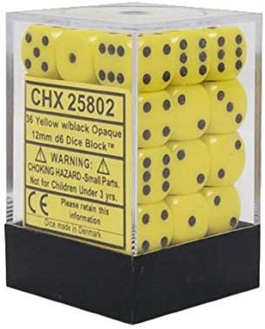 Chessex CHX25802 Dice - Opaque: 36D6 Yellow/Black, Small (10mm - 14mm)