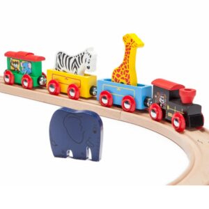 maxim enterprise, inc. kids circus train with steam engine, 2 cars, caboose, 3 wooden animals, natural hardwood railway set with easy magnetic connectors, sensory learning toys for 18 months & up