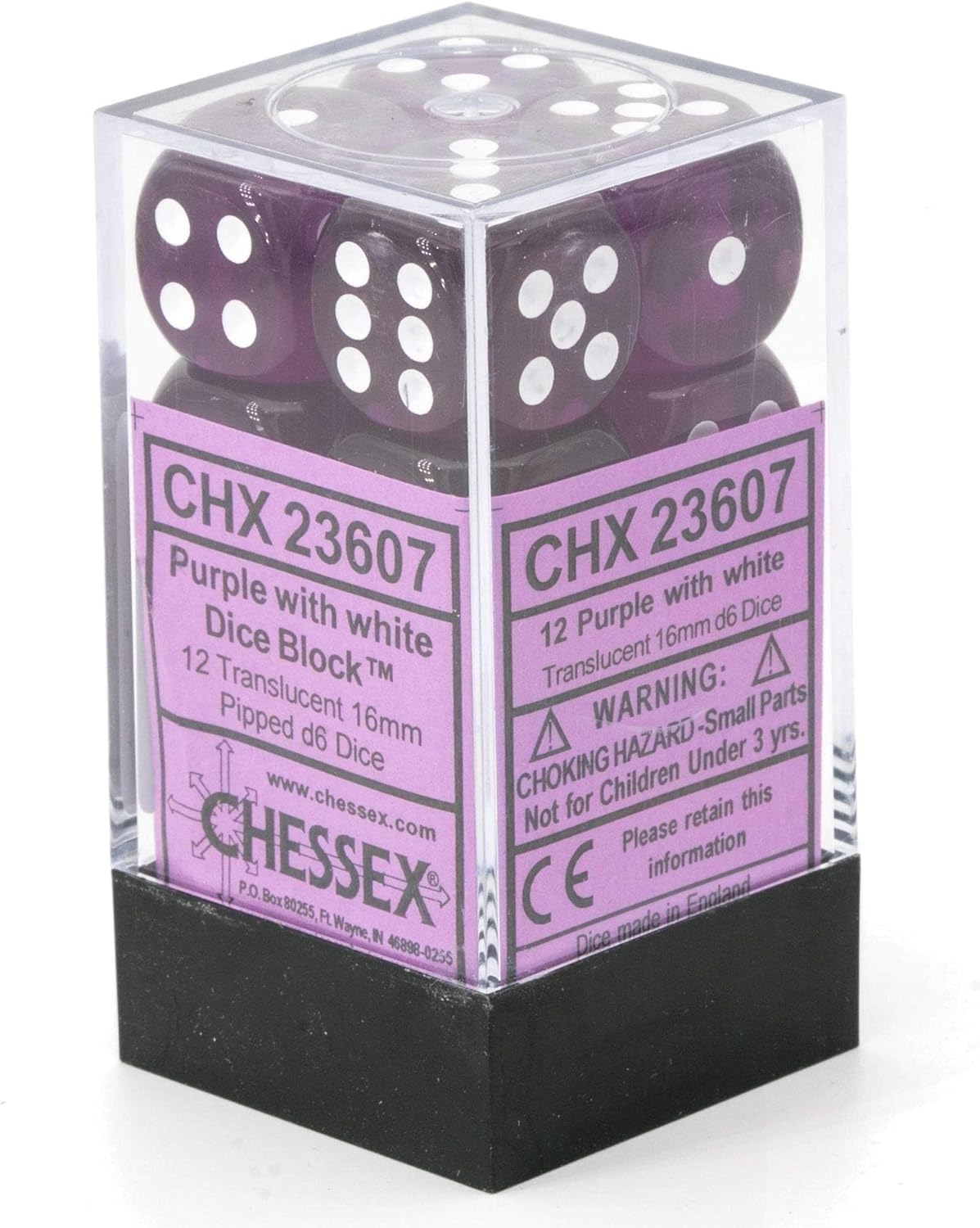 Chessex Dice Translucent Purple 6 Sided 16mm Dice Block (12-Dice), Purple/White (23607)