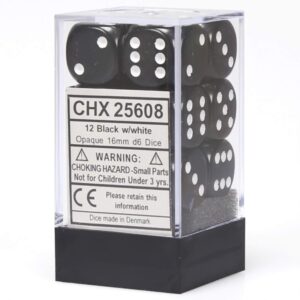 chessex dice set 12 d6 16mm dice black with white (12), one size