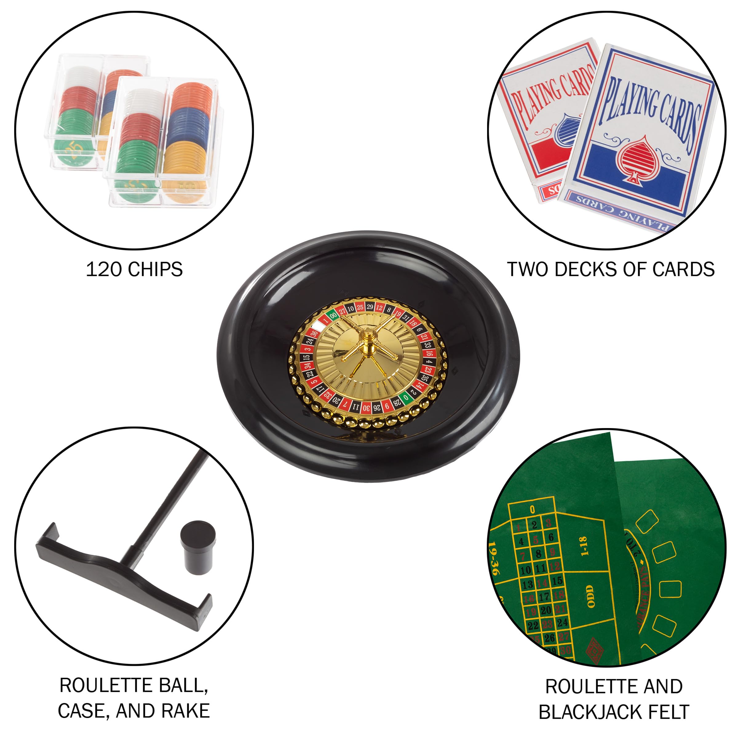 Trademark Poker Roulette Wheel Set – 16-Inch Gambling Wheel with Reversible Roulette and Black Jack Table Cotton, Chips, 2 Decks of Cards, and More