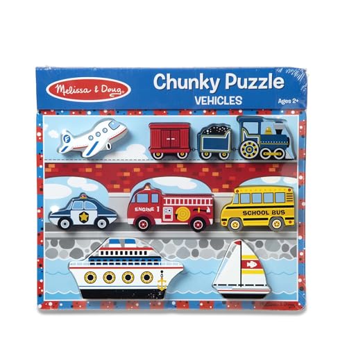 Melissa & Doug Vehicles Wooden Chunky Puzzle - Plane, Train, Cars, and Boats (9 pcs) - FSC Certified