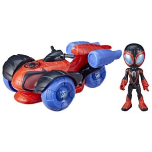 spidey and his amazing friends glow tech techno-racer toy car with miles morales spider-man action figure, marvel super hero preschool toys for 3+ year old kids, lights & sounds