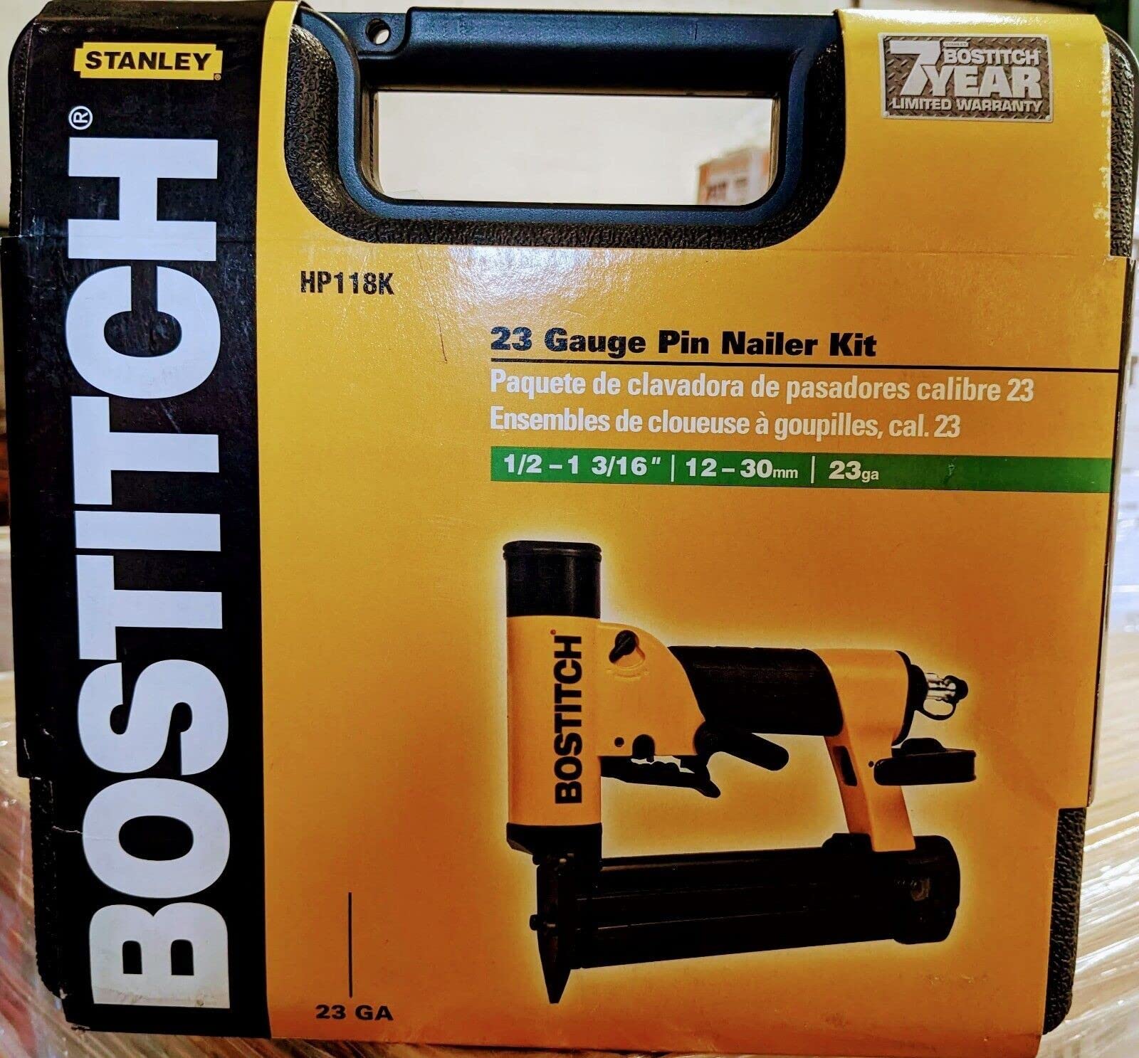 BOSTITCH Pin Nailer 23 Gauge, 1/2-Inch to 1-3/16-Inch (HP118K) , Black