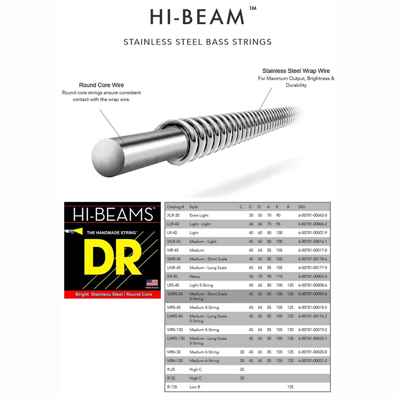 DR Strings Hi-Beam - Stainless Steel Round Core 45-100