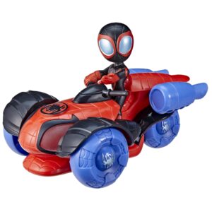 Spidey and His Amazing Friends Glow Tech Techno-Racer Toy Car with Miles Morales Spider-Man Action Figure, Marvel Super Hero Preschool Toys for 3+ Year Old Kids, Lights & Sounds