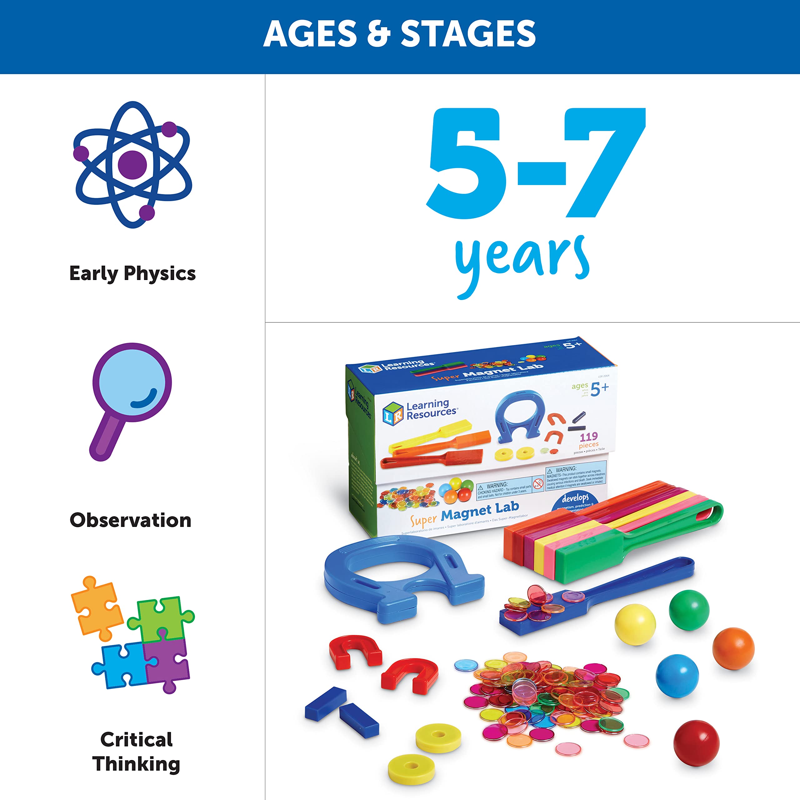 Learning Resources Super Magnet Lab Kit - 119 Pieces, Ages 5+, STEM ,Toys for Kindergartner, Science Learning Activities for Kids,Back to School Supplies,Teacher Supplies