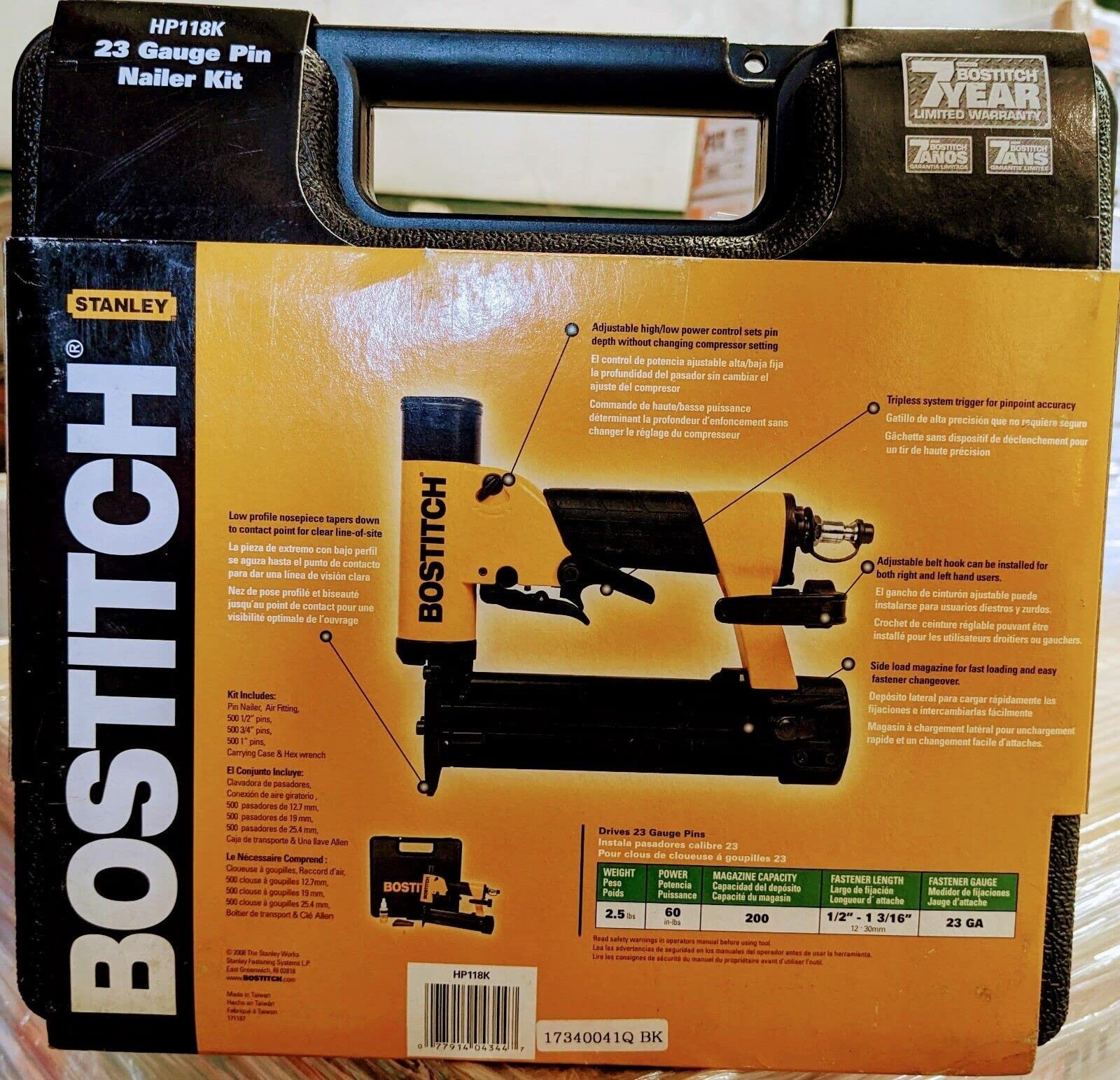 BOSTITCH Pin Nailer 23 Gauge, 1/2-Inch to 1-3/16-Inch (HP118K) , Black