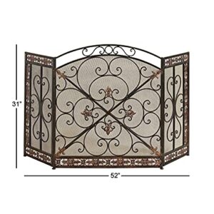 Deco 79 Metal Scroll Fireplace Screen Foldable Arched 3 Panel with Fleur De Lis Accents, 52" x 1" x 31", Black