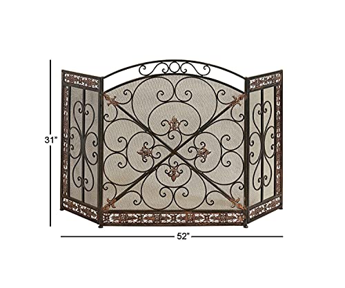 Deco 79 Metal Scroll Fireplace Screen Foldable Arched 3 Panel with Fleur De Lis Accents, 52" x 1" x 31", Black