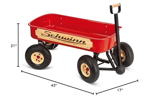 Schwinn Quad Steer 4x4 Wagon for Kids Red, Large Air-Filled Tires, Extra Deep Heavy Gauge Steel, Telescopic Extendable Handle, Real Wood Panels, Easy Assemble