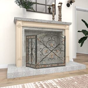 Deco 79 Metal Scroll Fireplace Screen Foldable Arched 3 Panel with Fleur De Lis Accents, 52" x 1" x 31", Black