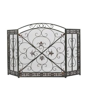 deco 79 metal scroll fireplace screen foldable arched 3 panel with fleur de lis accents, 52" x 1" x 31", black