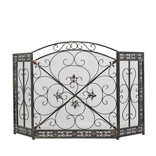 Deco 79 Metal Scroll Fireplace Screen Foldable Arched 3 Panel with Fleur De Lis Accents, 52" x 1" x 31", Black