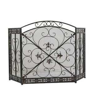 Deco 79 Metal Scroll Fireplace Screen Foldable Arched 3 Panel with Fleur De Lis Accents, 52" x 1" x 31", Black