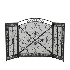 Deco 79 Metal Scroll Fireplace Screen Foldable Arched 3 Panel with Fleur De Lis Accents, 52" x 1" x 31", Black