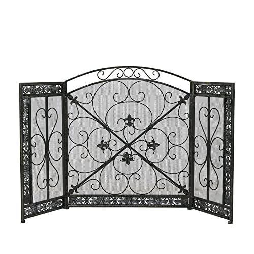 Deco 79 Metal Scroll Fireplace Screen Foldable Arched 3 Panel with Fleur De Lis Accents, 52" x 1" x 31", Black