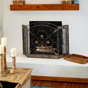 Deco 79 Metal Scroll Fireplace Screen Foldable Arched 3 Panel with Fleur De Lis Accents, 52" x 1" x 31", Black