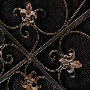 Deco 79 Metal Scroll Fireplace Screen Foldable Arched 3 Panel with Fleur De Lis Accents, 52" x 1" x 31", Black