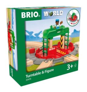 brio world 33476 - turntable & figure | 2 piece wooden toy train accessory for kids | multiple track connection points | spacious turntable | poseable train engineer figure | ages 3 and up