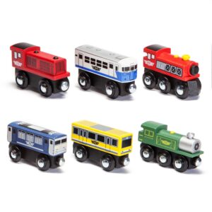 maxim enterprise, inc. wooden train engines and cars, rolling locomotive engines with magnetic links for pulling wooden rail cars, compatible with major brand wooden railway, 6 pcs set