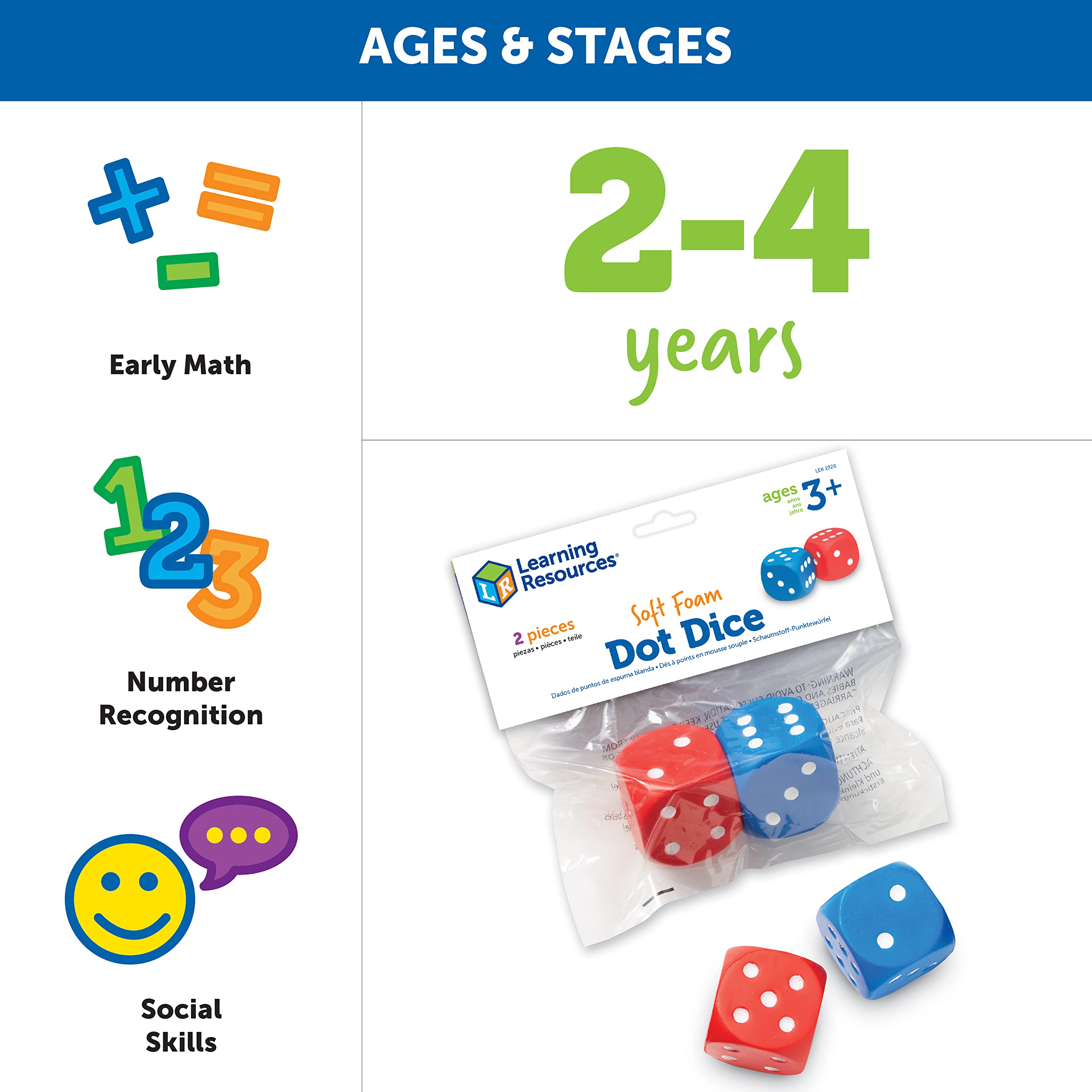 Learning Resources Foam Dice: Dot Dice, Red and Blue 6-Sided Foam Dice, Early Math Skills, Set of 2, Grades PreK+, Ages 3+