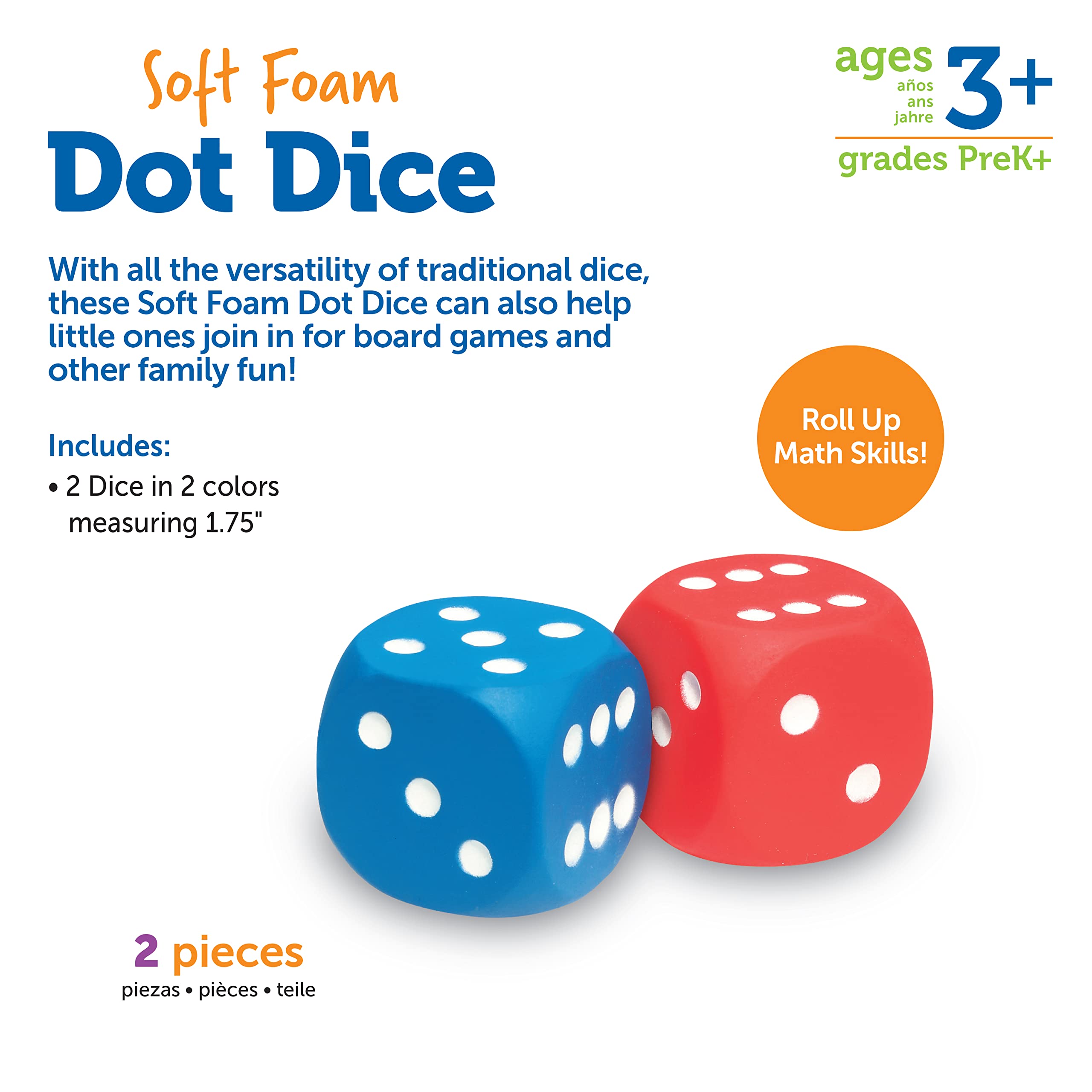 Learning Resources Foam Dice: Dot Dice, Red and Blue 6-Sided Foam Dice, Early Math Skills, Set of 2, Grades PreK+, Ages 3+