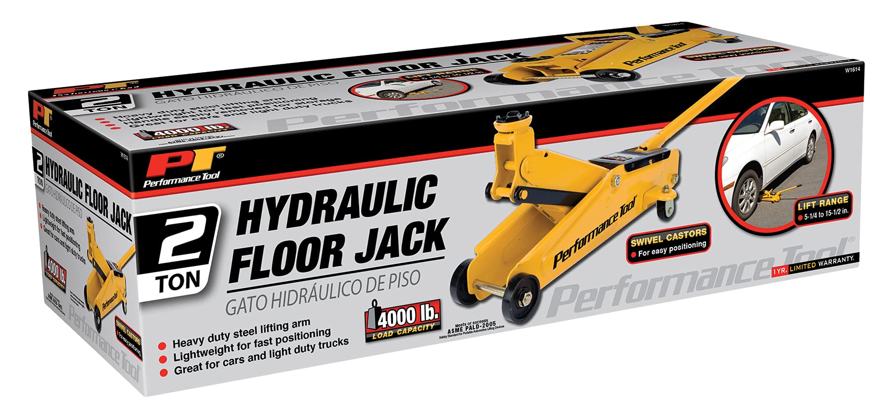 Performance Tool W1614 2 Ton (4,000 lbs.) Capacity Floor Jack Made With Heavy Duty Steel And Swivel Rear Casters