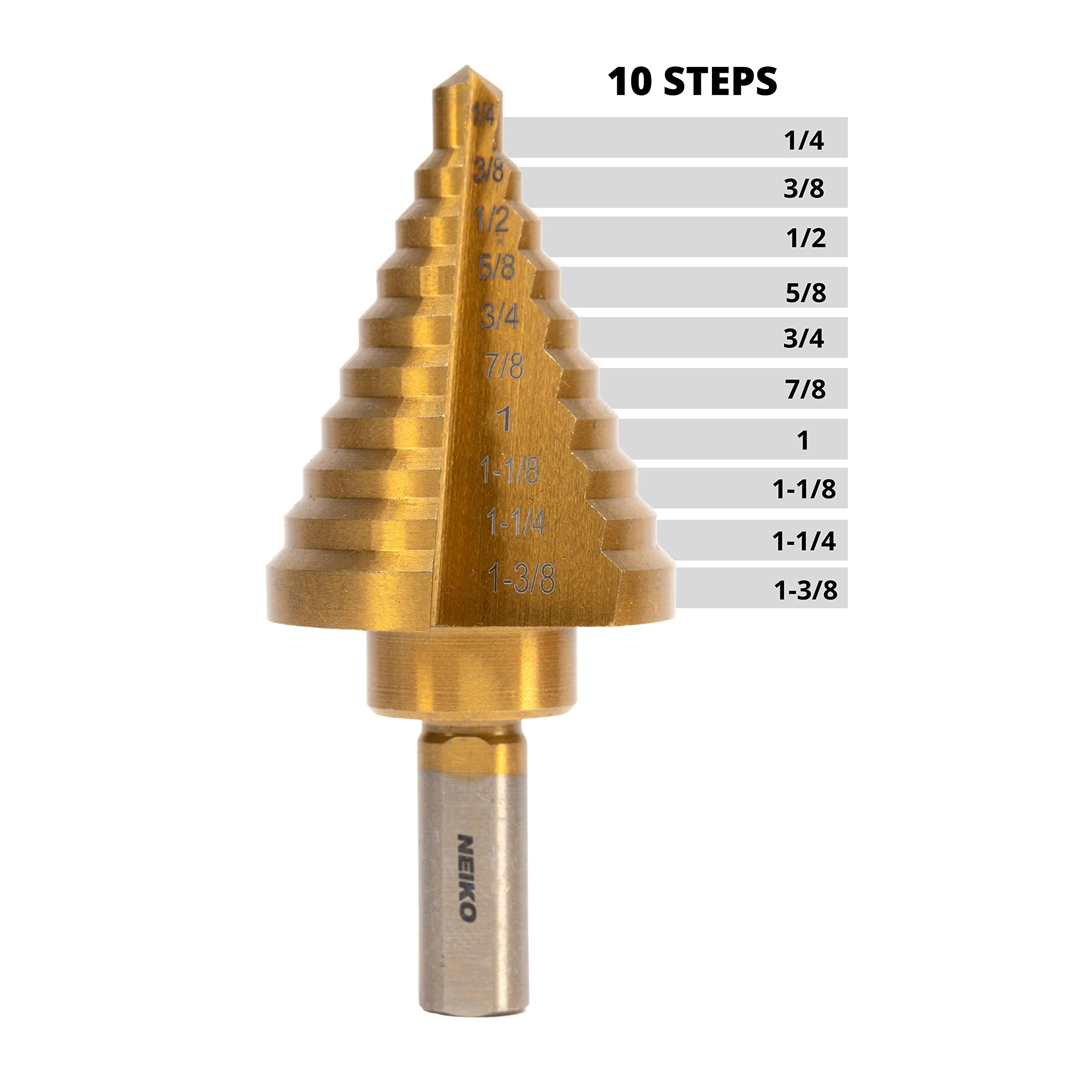 NEIKO 10194A Titanium Step Drill Bit, High-Speed Alloy-Steel Bit, Hole Expander for Wood and Metal, 10 Step Sizes from 1/4 Inch to 1 3/8 Inches