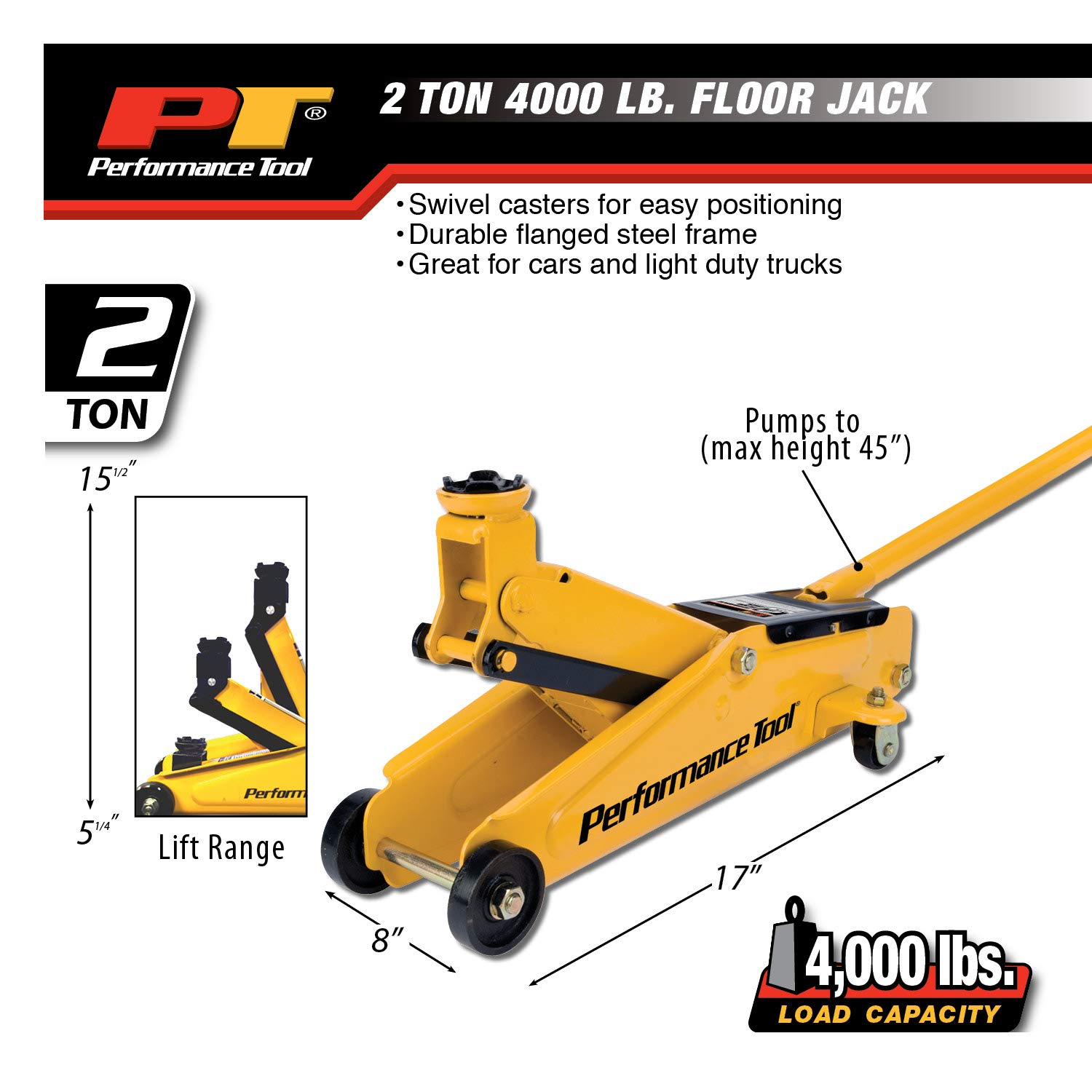 Performance Tool W1614 2 Ton (4,000 lbs.) Capacity Floor Jack Made With Heavy Duty Steel And Swivel Rear Casters