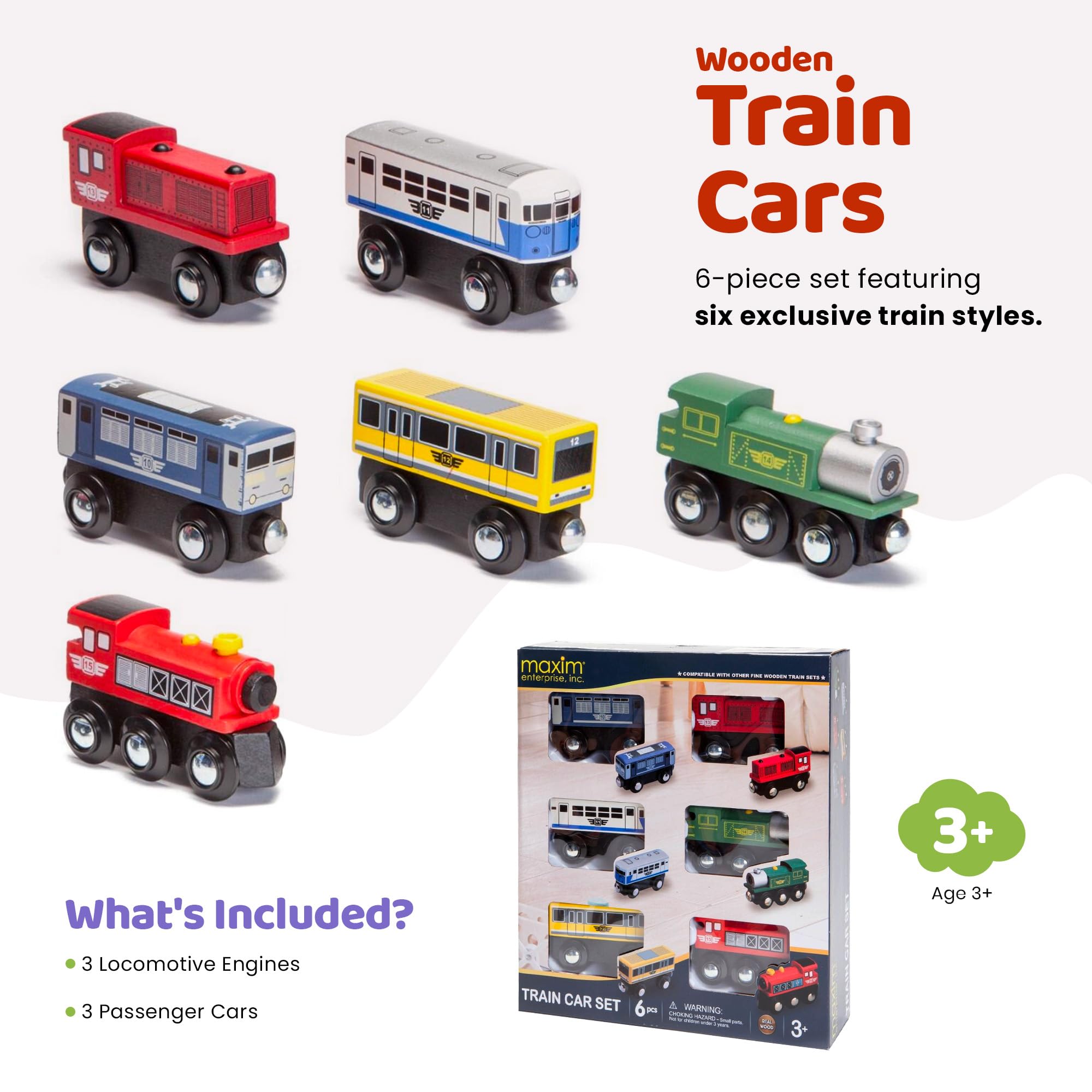 maxim enterprise, inc. Wooden Train Engines and Cars, Rolling Locomotive Engines with Magnetic Links for Pulling Wooden Rail Cars, Compatible with Major Brand Wooden Railway, 6 Pcs Set