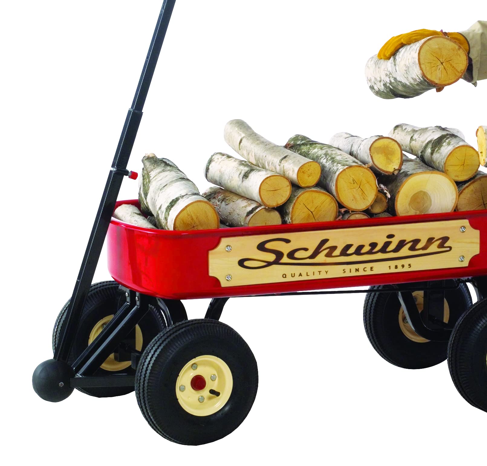 Schwinn Quad Steer 4x4 Wagon for Kids Red, Large Air-Filled Tires, Extra Deep Heavy Gauge Steel, Telescopic Extendable Handle, Real Wood Panels, Easy Assemble