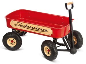 schwinn quad steer 4x4 wagon for kids red, large air-filled tires, extra deep heavy gauge steel, telescopic extendable handle, real wood panels, easy assemble