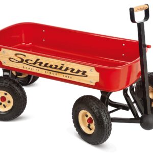 Schwinn Quad Steer 4x4 Wagon for Kids Red, Large Air-Filled Tires, Extra Deep Heavy Gauge Steel, Telescopic Extendable Handle, Real Wood Panels, Easy Assemble