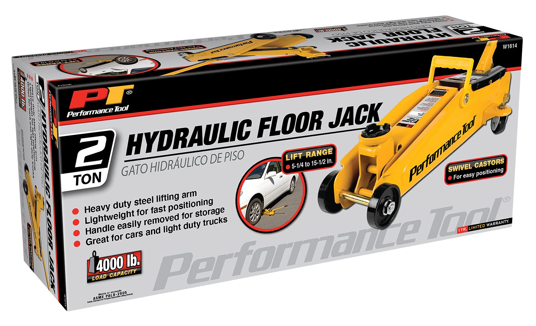 Performance Tool W1614 2 Ton (4,000 lbs.) Capacity Floor Jack Made With Heavy Duty Steel And Swivel Rear Casters