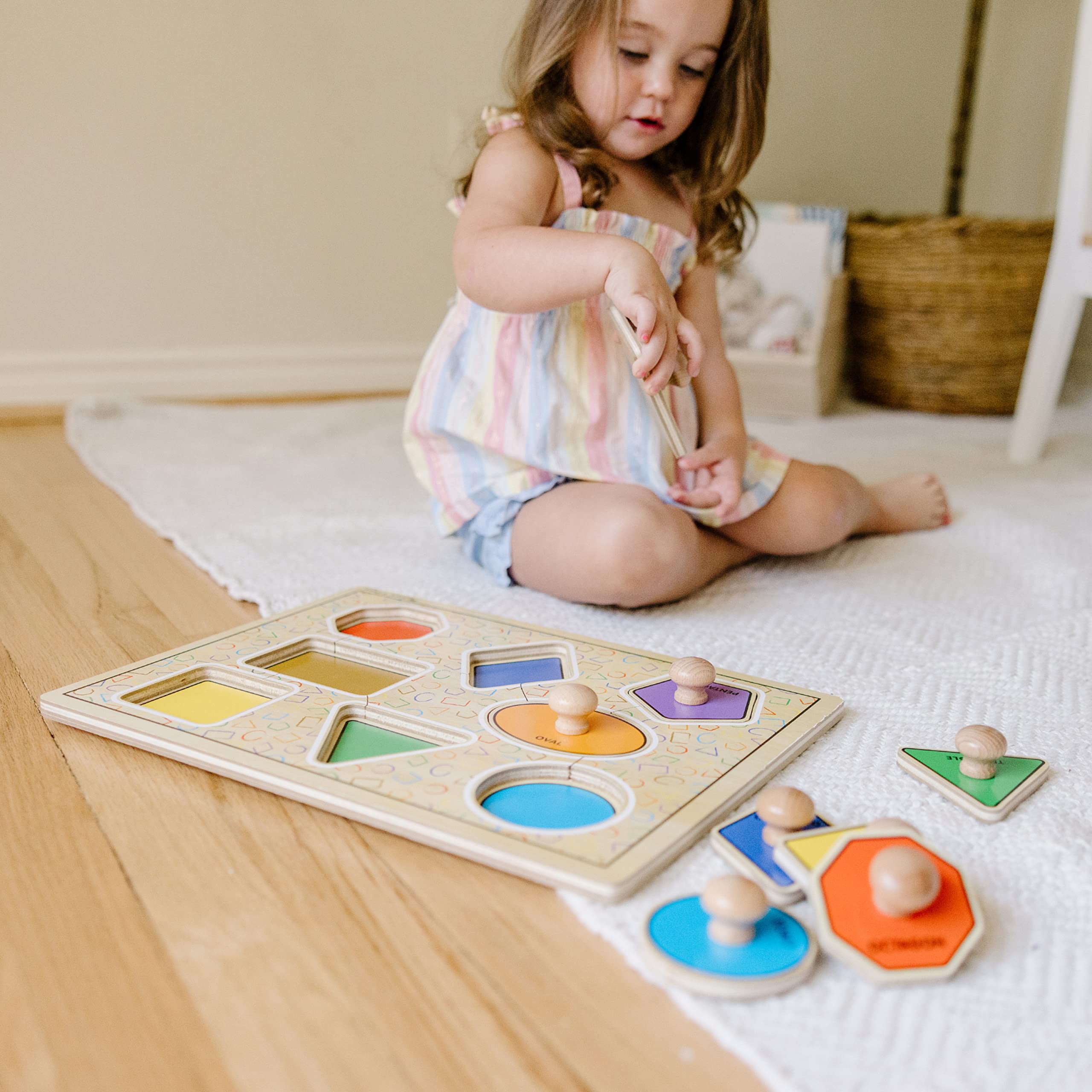 Melissa & Doug Deluxe Jumbo Knob Wooden Puzzle - Geometric Shapes (8 pcs) - Wooden Peg Chunky Baby Puzzle, Preschool Learning Puzzle, Wooden Puzzle Board For Toddlers Ages 1+