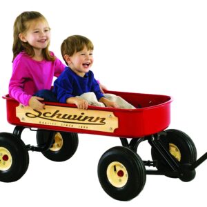 Schwinn Quad Steer 4x4 Wagon for Kids Red, Large Air-Filled Tires, Extra Deep Heavy Gauge Steel, Telescopic Extendable Handle, Real Wood Panels, Easy Assemble