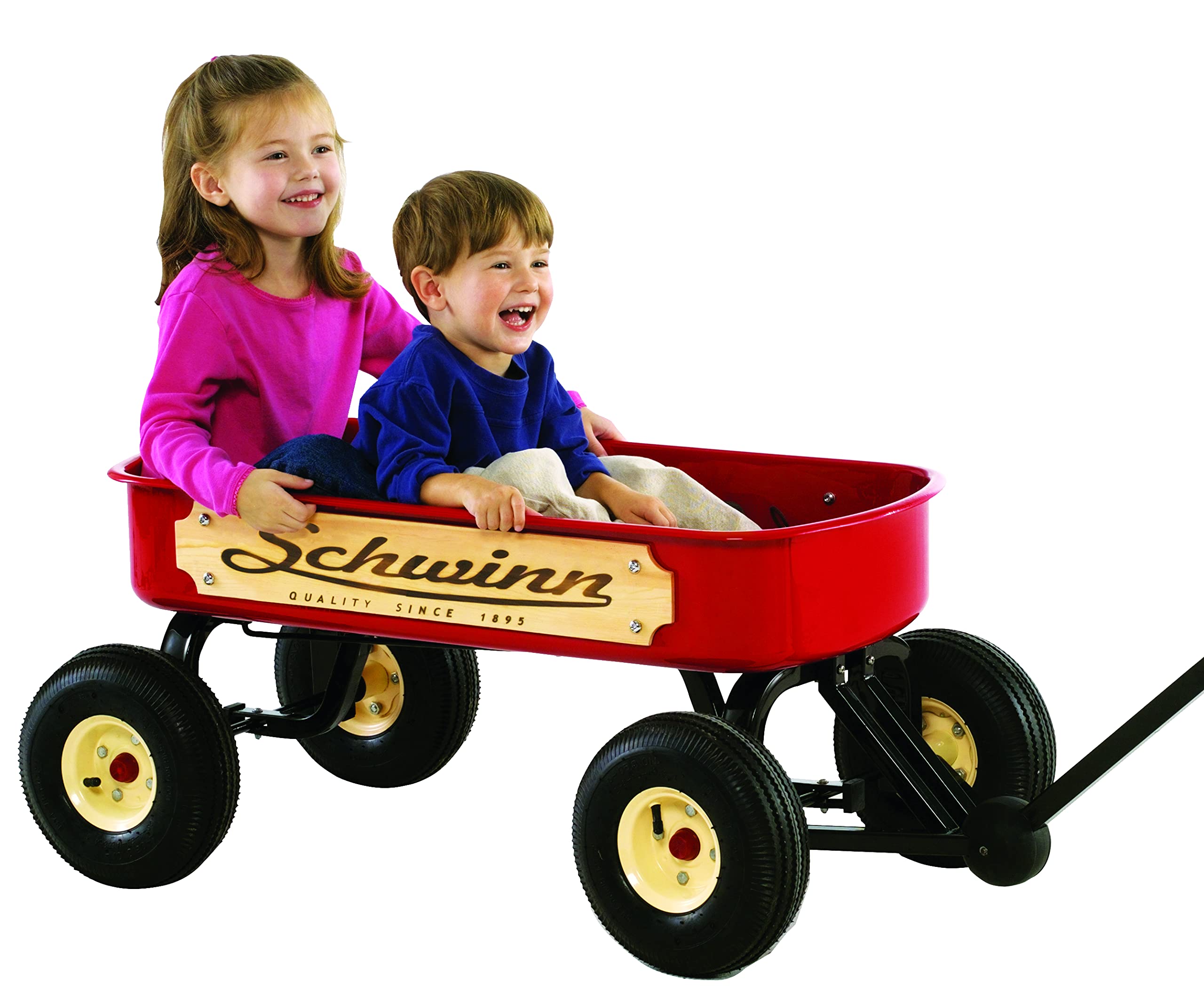 Schwinn Quad Steer 4x4 Wagon for Kids Red, Large Air-Filled Tires, Extra Deep Heavy Gauge Steel, Telescopic Extendable Handle, Real Wood Panels, Easy Assemble