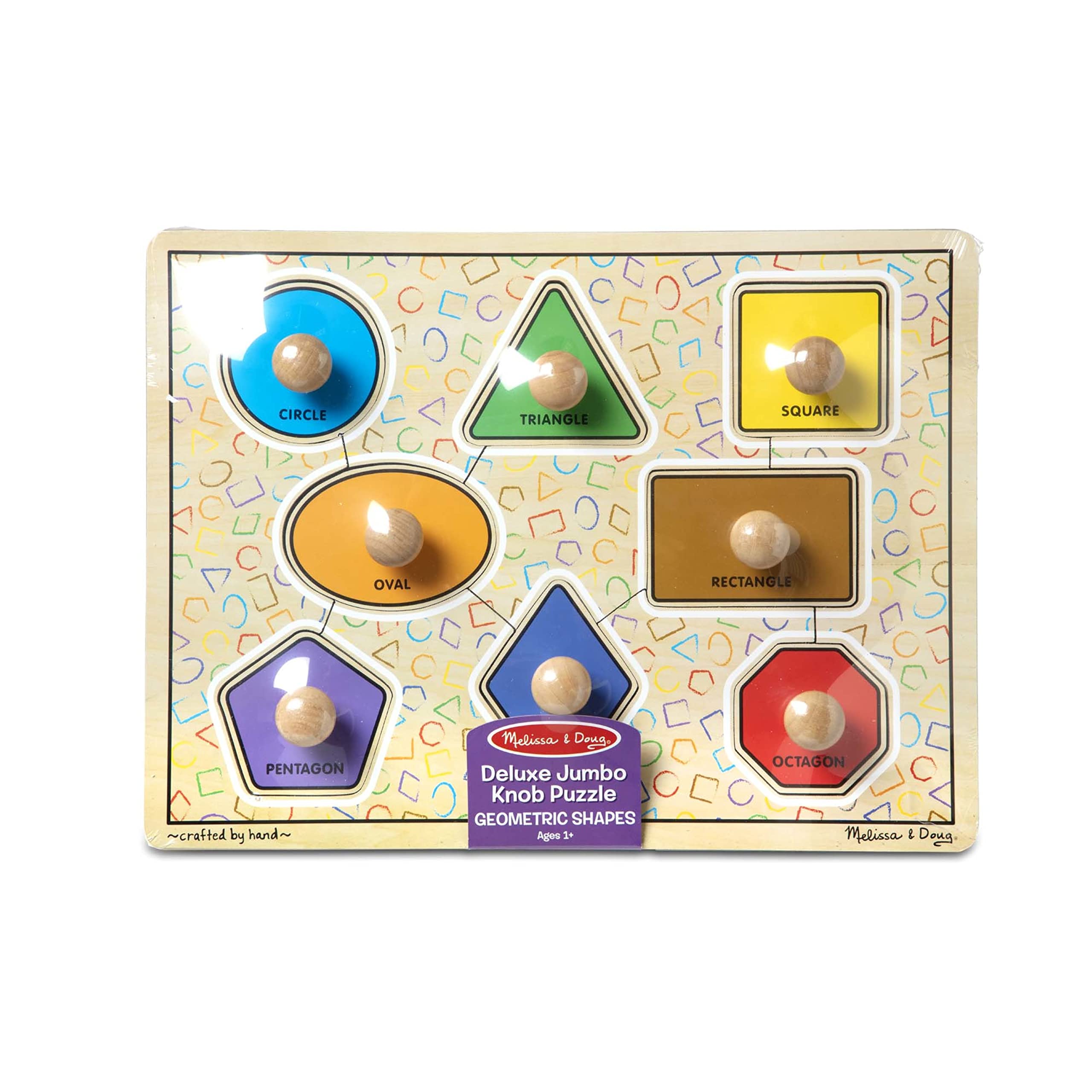 Melissa & Doug Deluxe Jumbo Knob Wooden Puzzle - Geometric Shapes (8 pcs) - Wooden Peg Chunky Baby Puzzle, Preschool Learning Puzzle, Wooden Puzzle Board For Toddlers Ages 1+