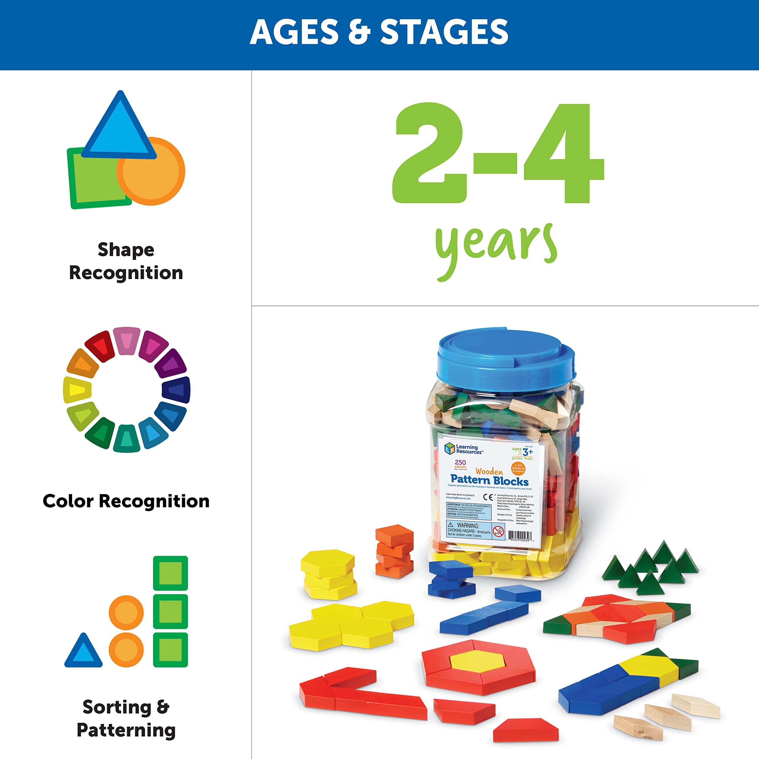 Learning Resources Wooden Pattern Blocks, Early Math Concepts, Set of 250, Ages 3+